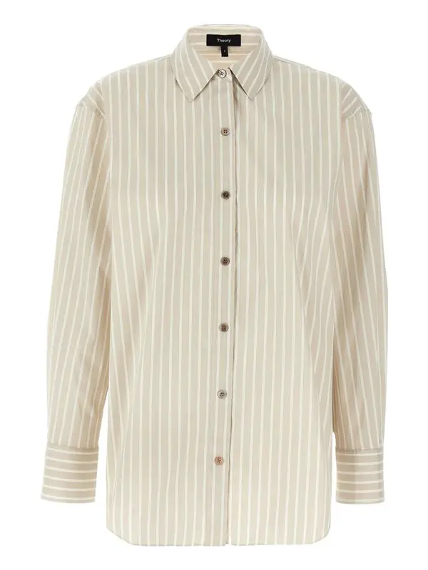 Theory Striped Stretch Cotton Blend Shirt - Beige
