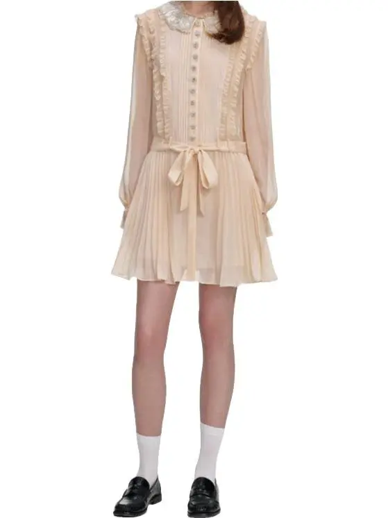 SELF-PORTRAIT Ruffled Belted Mini Dress - Tan