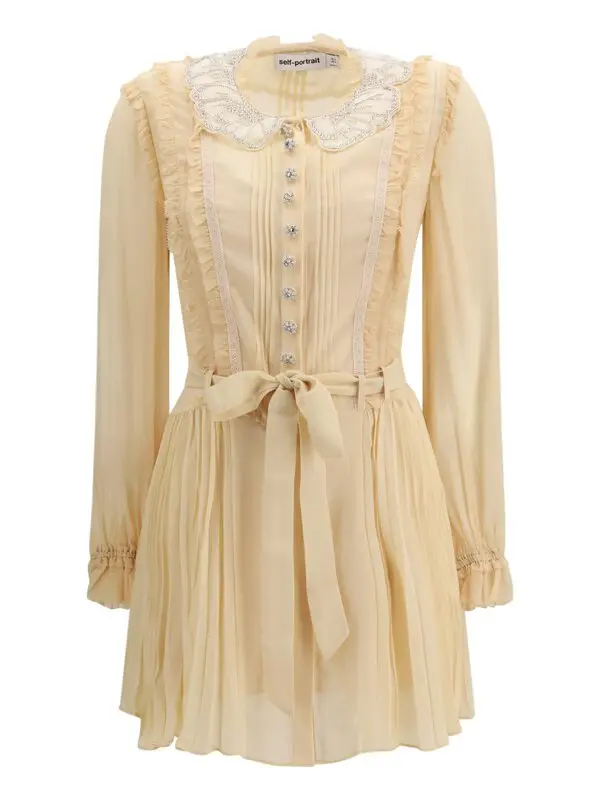 SELF-PORTRAIT Pleated Georgette Mini Dress - Tan