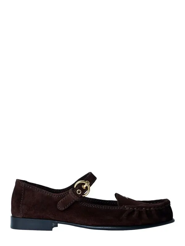 Miu Miu Suede Mary Jane Loafers With Buckle Strap - Brown