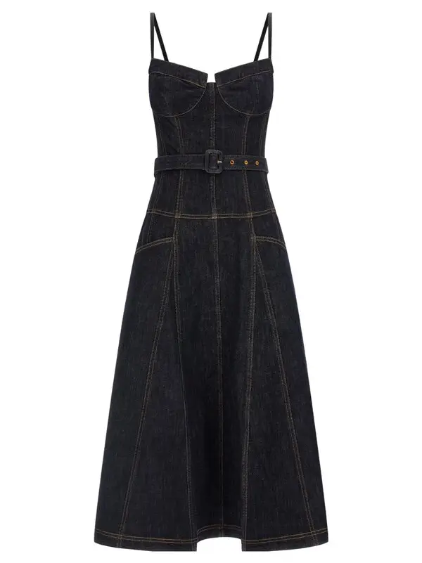 SELF-PORTRAIT Belted Paneled Denim Midi Dress - Blue