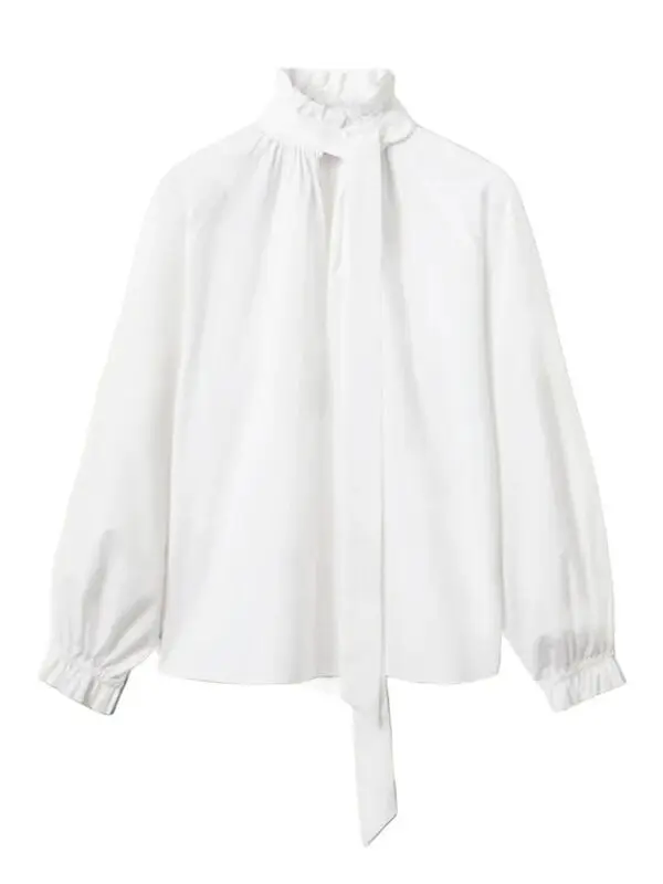 La DoubleJ Tie Neck Cotton Blouse - White