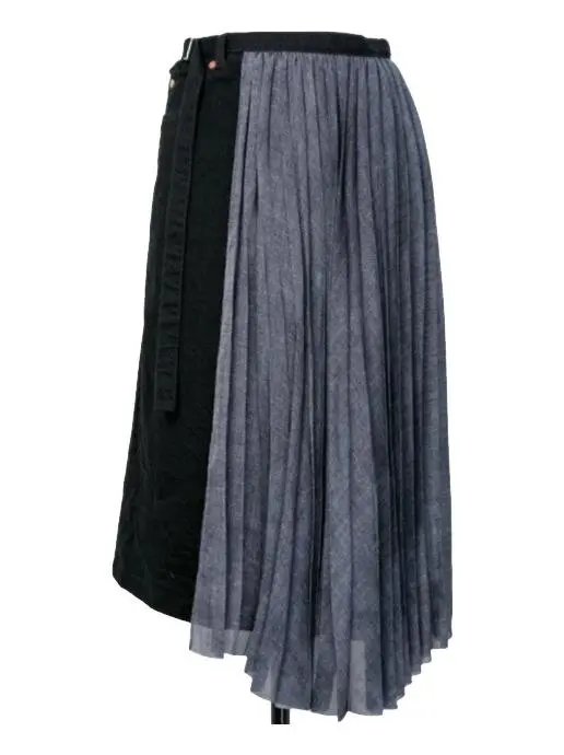 Sacai Asymmetrical Hem Pleated Denim Skirt - Black