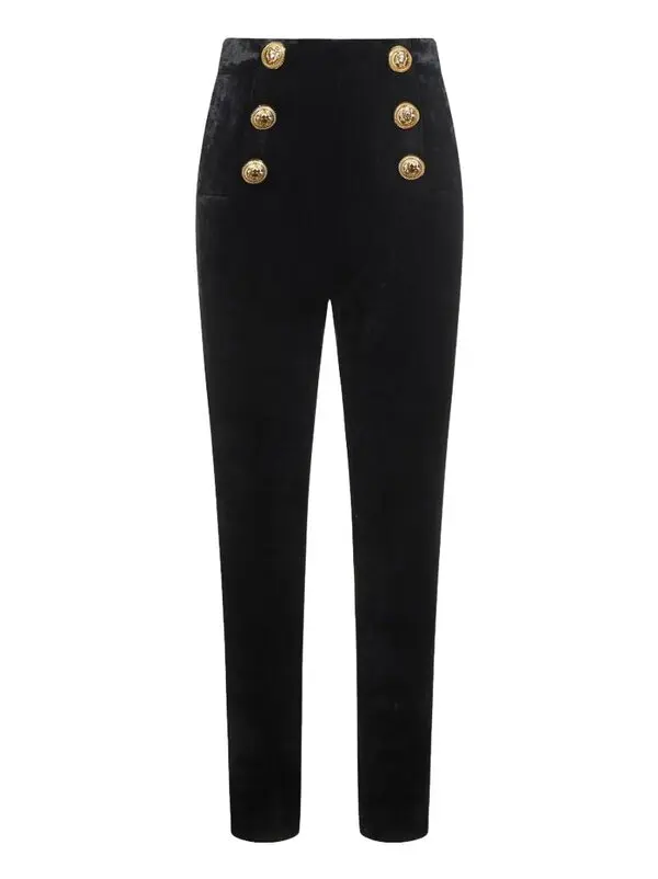 Balmain Skinny Velvet Trousers With Embossed Gold Buttons - Black