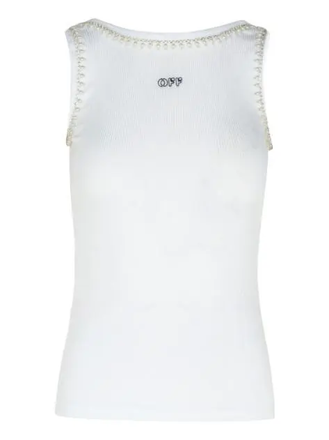 Off-White Embellished Sleeveless Ribbed Tank Top - White