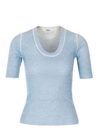Chloé Ribbed Short-sleeve Top With Embroidered Logo - Cloudless Blue