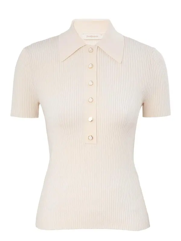 Zimmermann Short Sleeve Ribbed Knit Polo - White