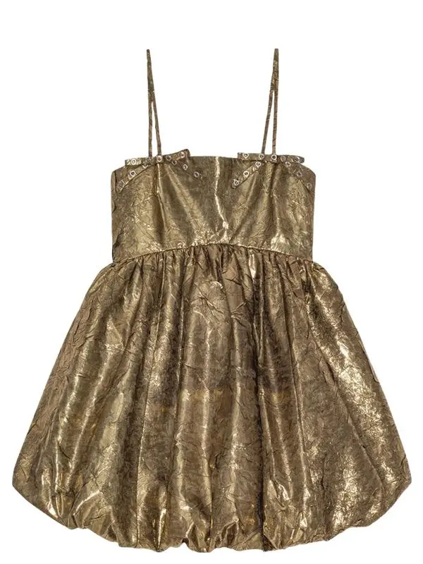 GANNI Pleated Strap Mini Dress - Golden