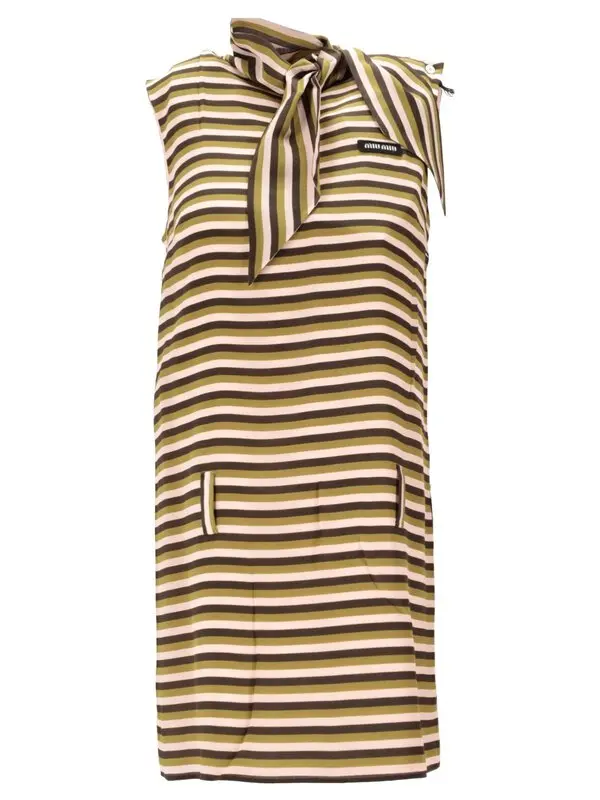 Miu Miu Sleeveless Striped Dress With Tie Neckline - Green
