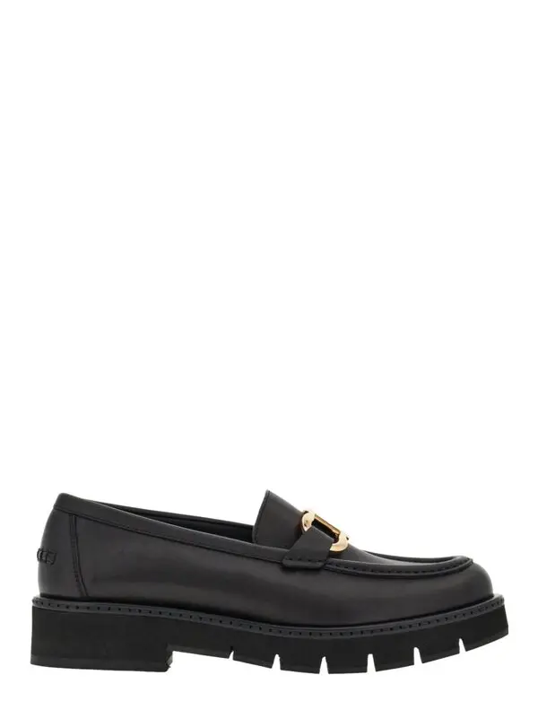 FERRAGAMO Round Toe Loafer With Golden Detail - Black