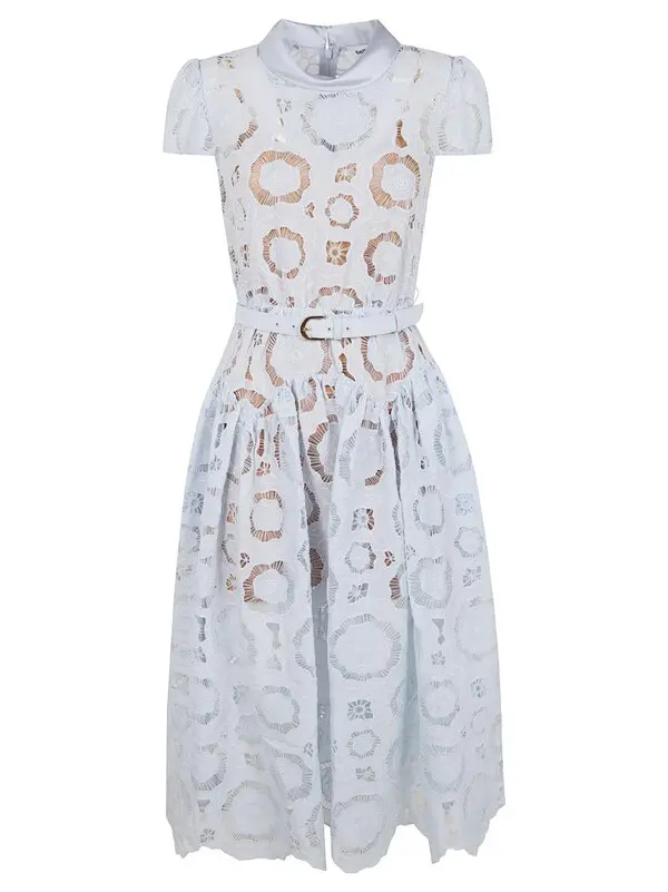 SELF-PORTRAIT Floral Lace Midi Dress With Belt - Blue