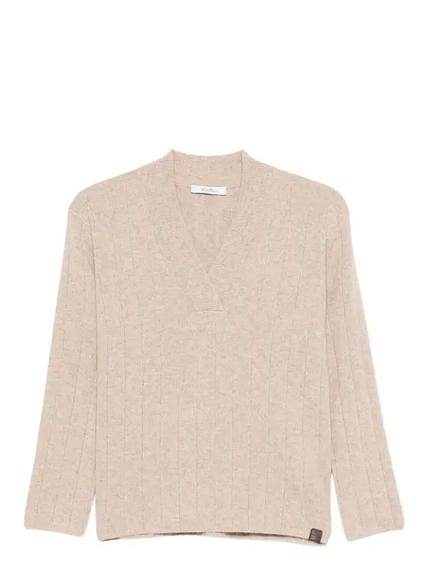 Max Mara Arten Ribbed V-neck Long Sleeve Jumper - Nude