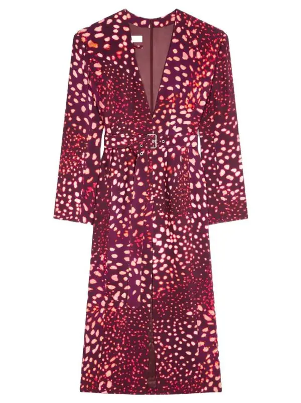 Dries Van Noten Printed Belted V-neck Long Sleeve Dress - Red