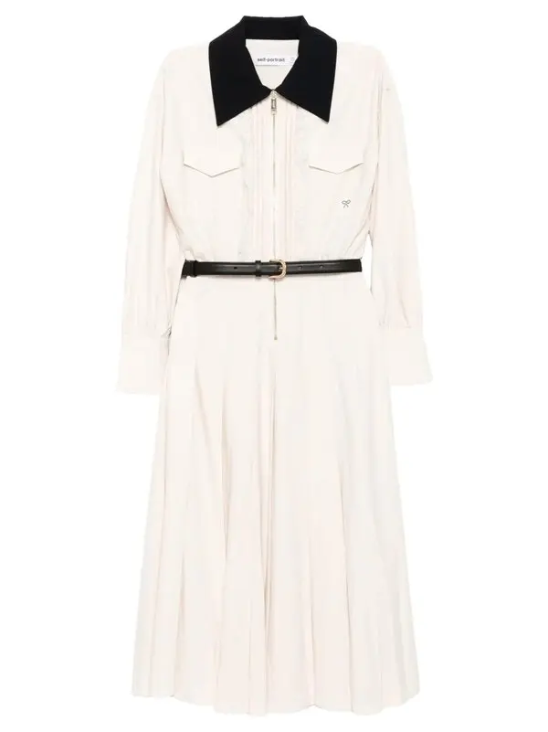 SELF-PORTRAIT Contrast Collar Midi Dress - Cream