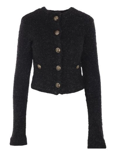Balenciaga Textured Cropped Cardigan With Round Neck And Button Detail - Black