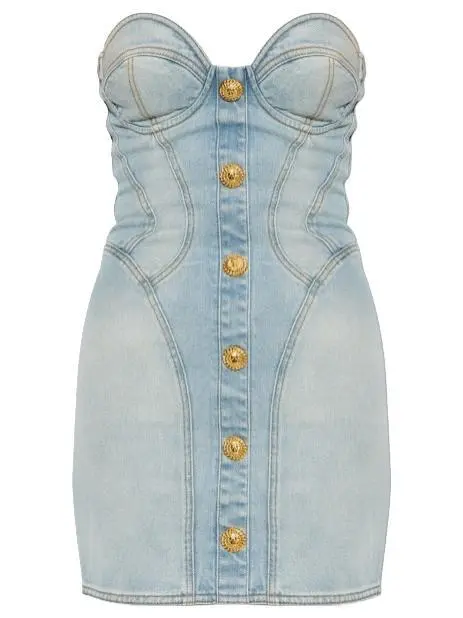 Balmain Strapless Button-detailed Denim Mini Dress - Light Blue