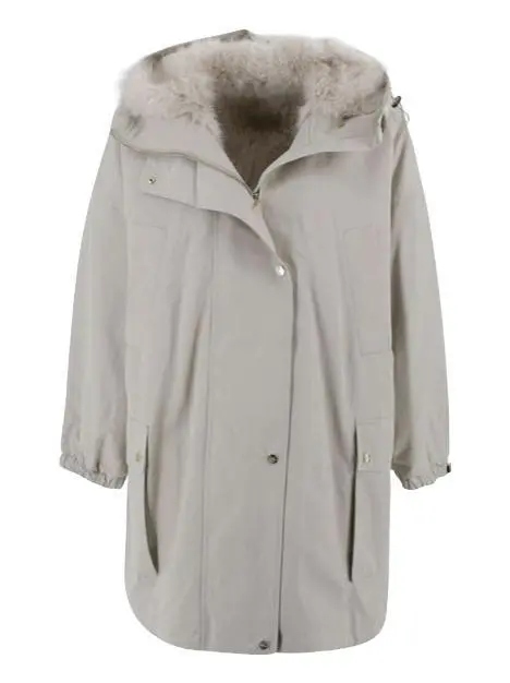 Max Mara Hooded Long Sleeve Coat With Zip Closure And Fur Trim - Gray