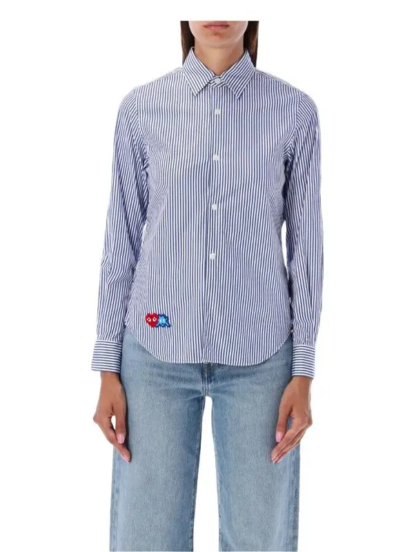 Play Comme Des Garcon Striped Long-sleeve Shirt With Embellishment - Blue