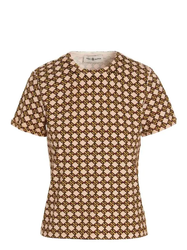 Tory Burch Logo-check Cotton T-shirt - Nude