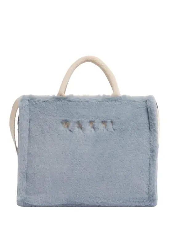 Marni Faux Fur Basket Shopper With Embroidered Logo - Light Blue