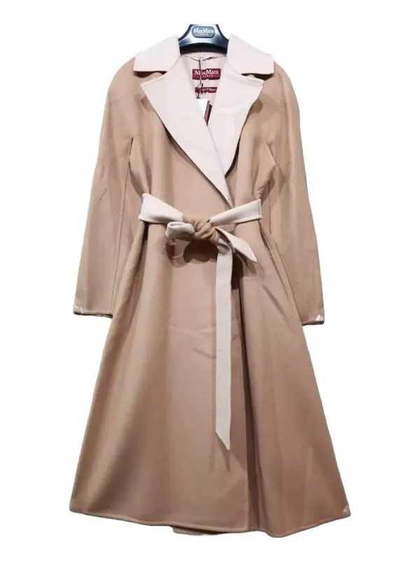 Max Mara Long-sleeved Coat With Wide Lapels And Belted Waist - Nude