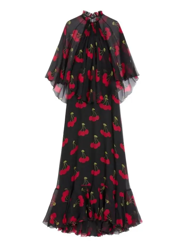 Valentino Garavani Long Sleeve Cherry Print Dress - Black