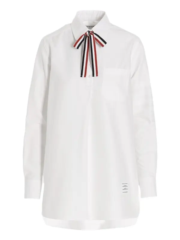 Thom Browne Long Sleeve Shirt With Iconic Stripe Detail - White