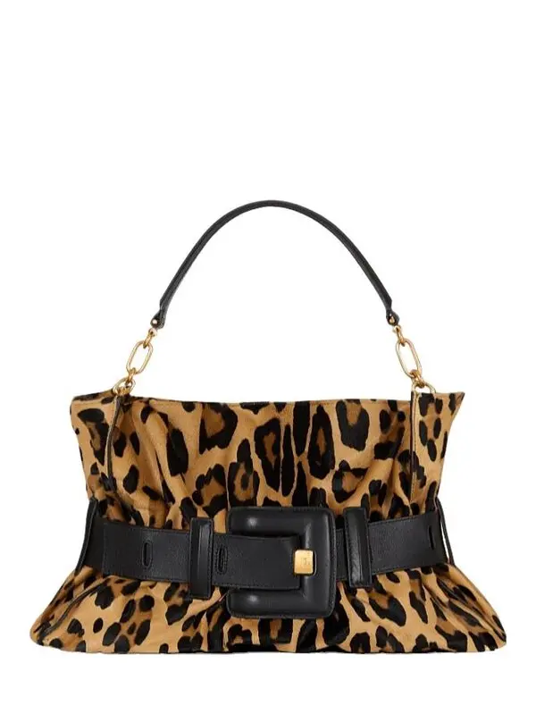 Balmain Medium Leopard Print Ponyskin-style Bag With Buckle Detail - Brown