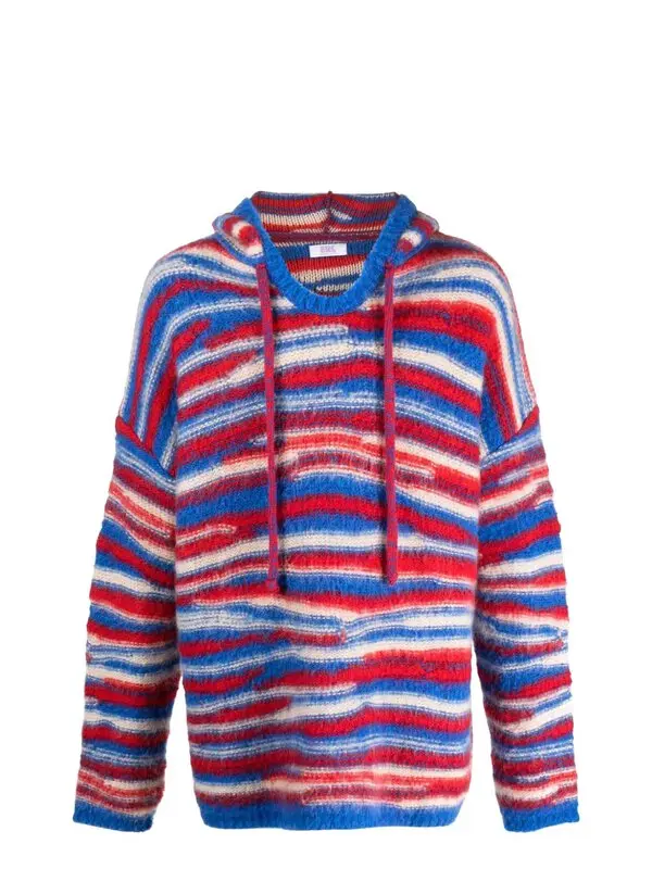 ERL Striped Ribbed Knit Drawstring Hoodie - Red