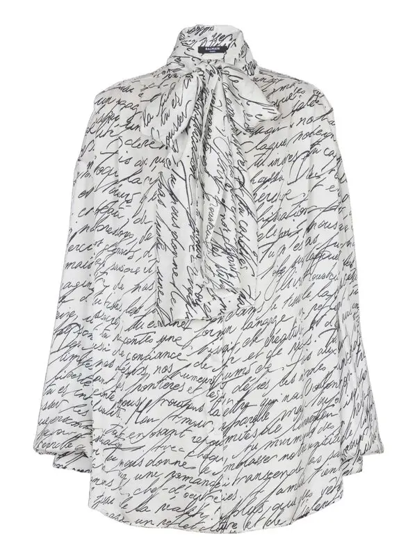 Balmain Logo Detailed Tie Neck Blouse - White