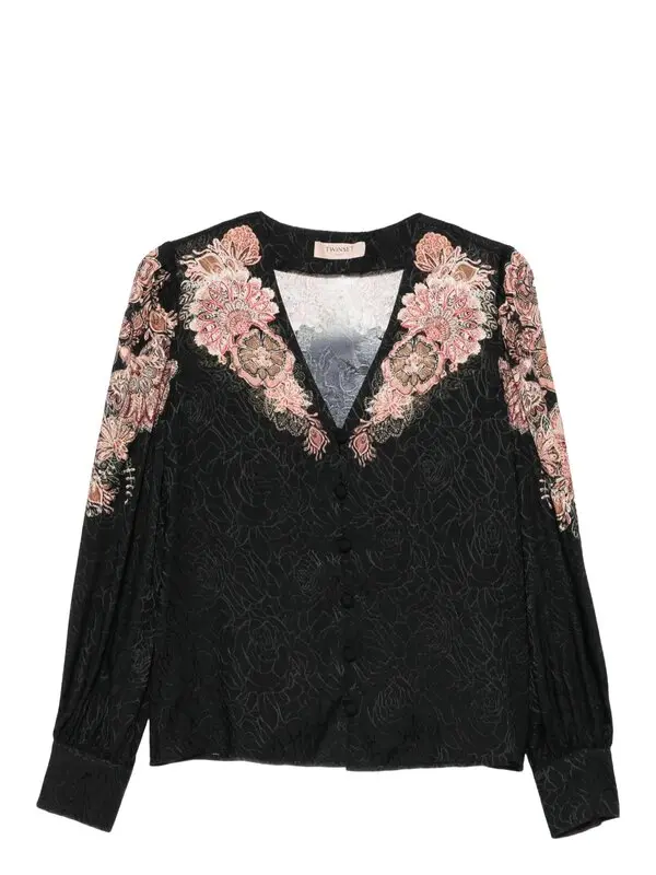 TWINSET Floral Print V-neck Long Sleeve Shirt - Black
