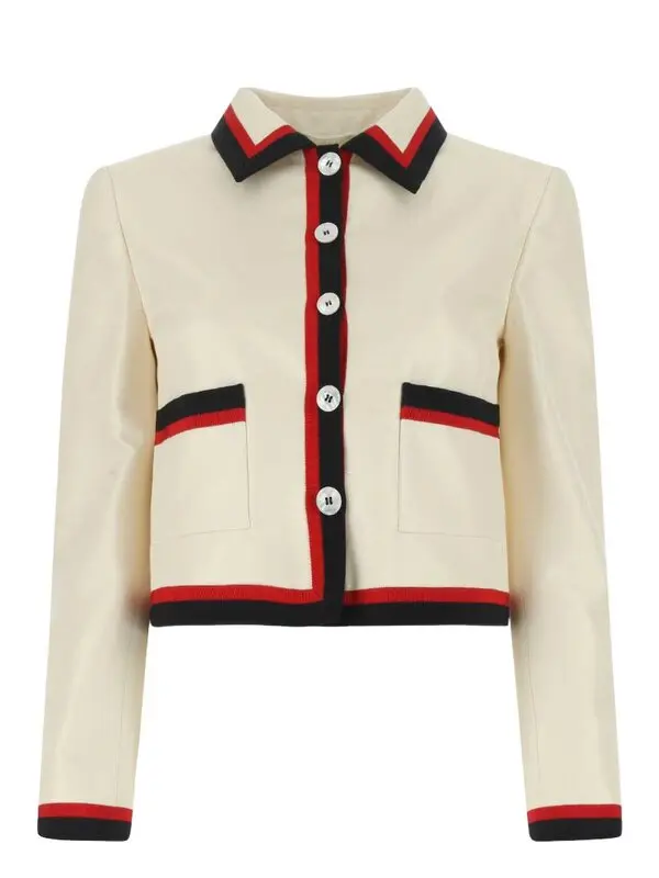 Miu Miu Single-breasted Panama Silk Jacket With Contrasting Trim - White
