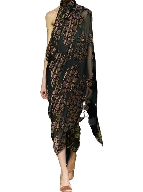 Dries Van Noten Turtle Neck One Sleeve Layered Long Dress - Multi