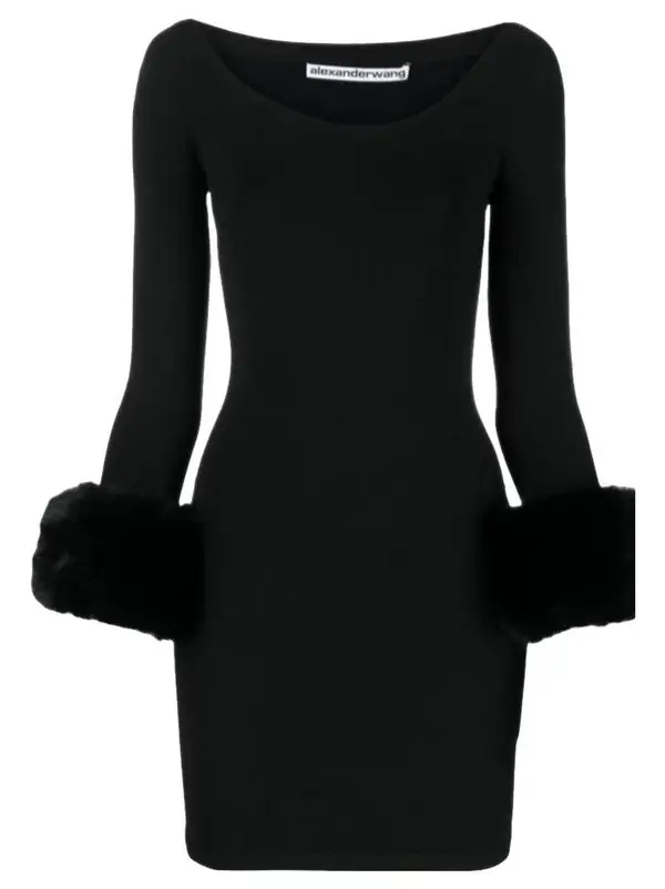 Alexander Wang Round Neck Fur Trimmed Mini Dress - Black