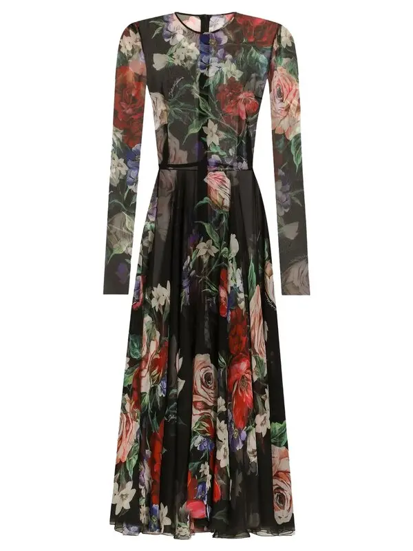Dolce & Gabbana Floral Print Long Sleeve Midi Dress - Black