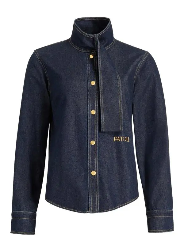 PATOU Denim Shirt With Monogram Pattern And Tie Detail - Black