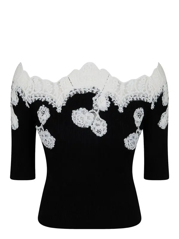 Ermanno Scervino Off-the-shoulder Embroidered Lace Knit Top - Black