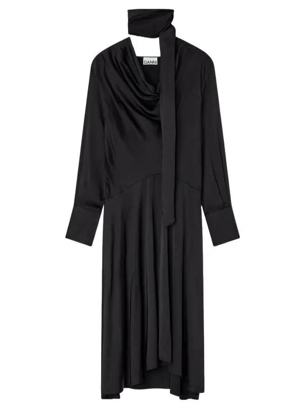 GANNI Cowl Neck Midi Dress With Scarf Detail - Black