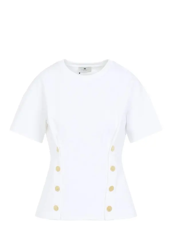 Elisabetta Franchi Short Sleeve Round Neck Top With Button Detail - Gesso