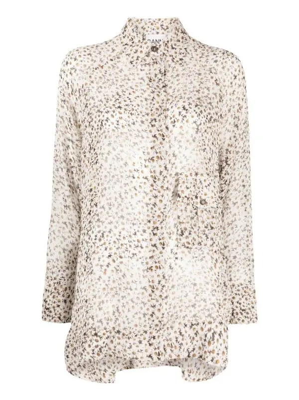 GANNI Floral Print Long Sleeve Shirt - Egret