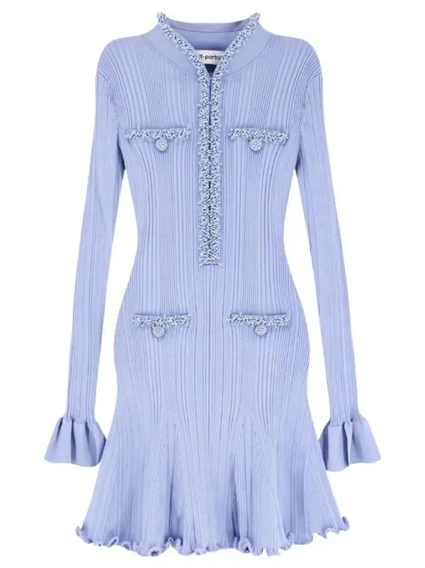SELF-PORTRAIT Pearl Trim Knit Mini Dress - Blue