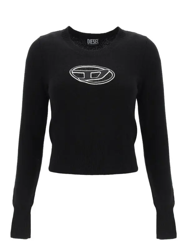 DIESEL® Logo Embroidered Ribbed Cropped Sweater - Black