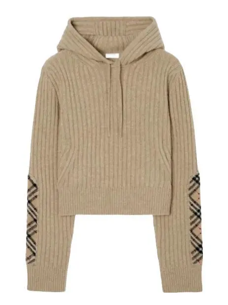 Burberry Checkered Detailed Drawstring Knit Hoodie - Light Brown Blend