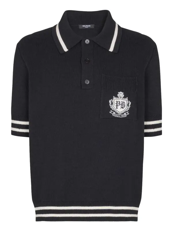 Balmain College Emblem Emb Cotton Knit Polo - Black