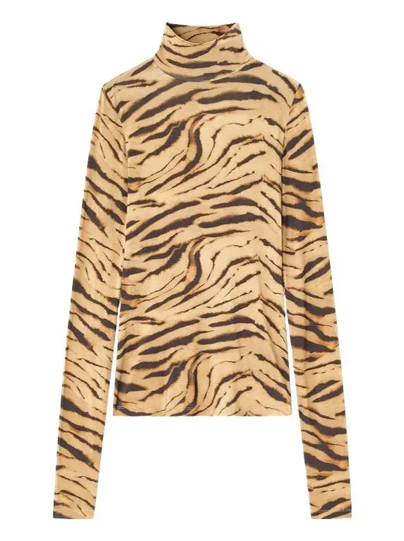 GANNI Zebra Print Jersey Turtleneck Top - Nude