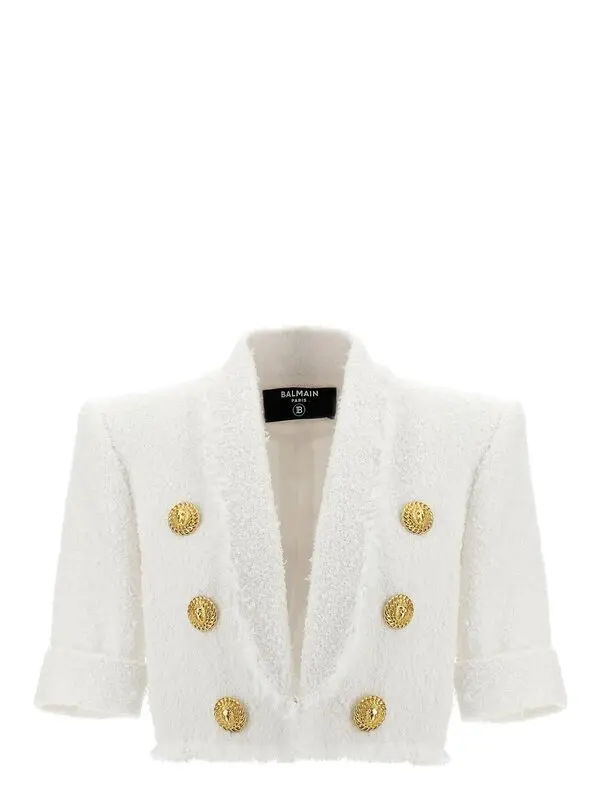 Balmain Cropped Tweed Jacket With Gold Button Detailing - White