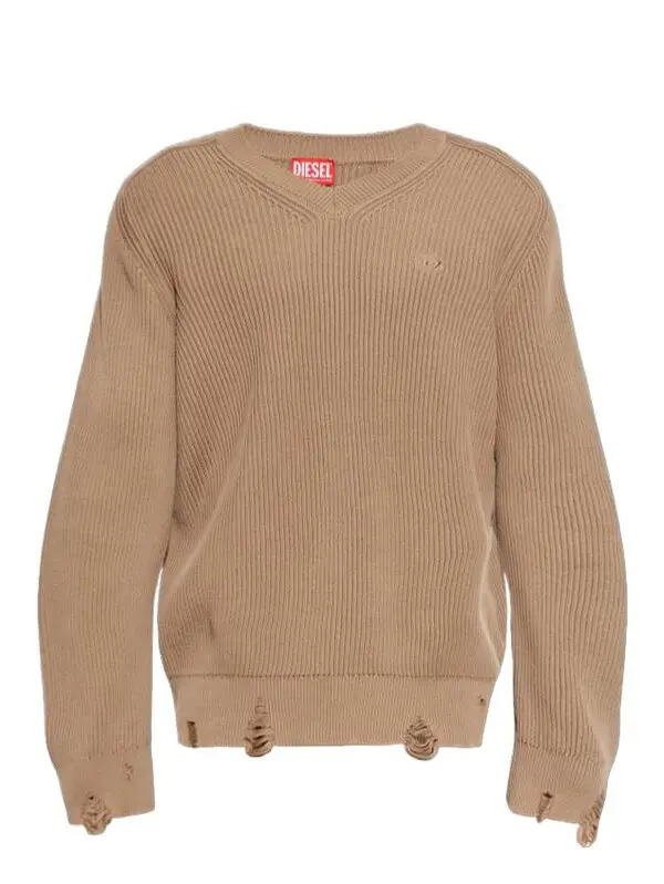 DIESEL® Ribbed V-neck Sweater With Distressed Details - Nude