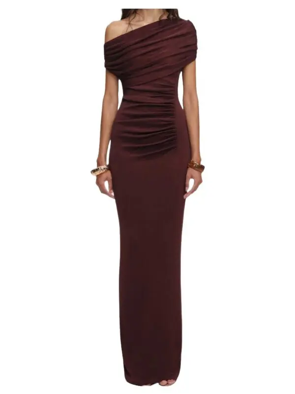 SELF-PORTRAIT Off-shoulder Ruched Midi Dress - Brown