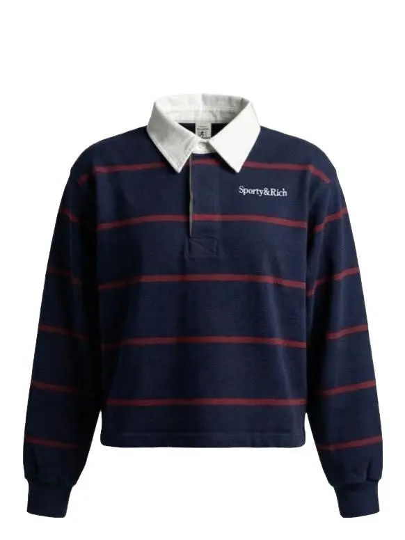 SPORTY  RICH Sporty Rich Logo Stripe Long Sleeve Polo Shirt - Black