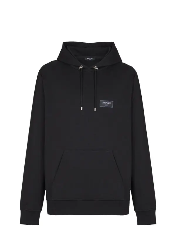 Balmain Logo Patch Drawstring Hoodie - Black
